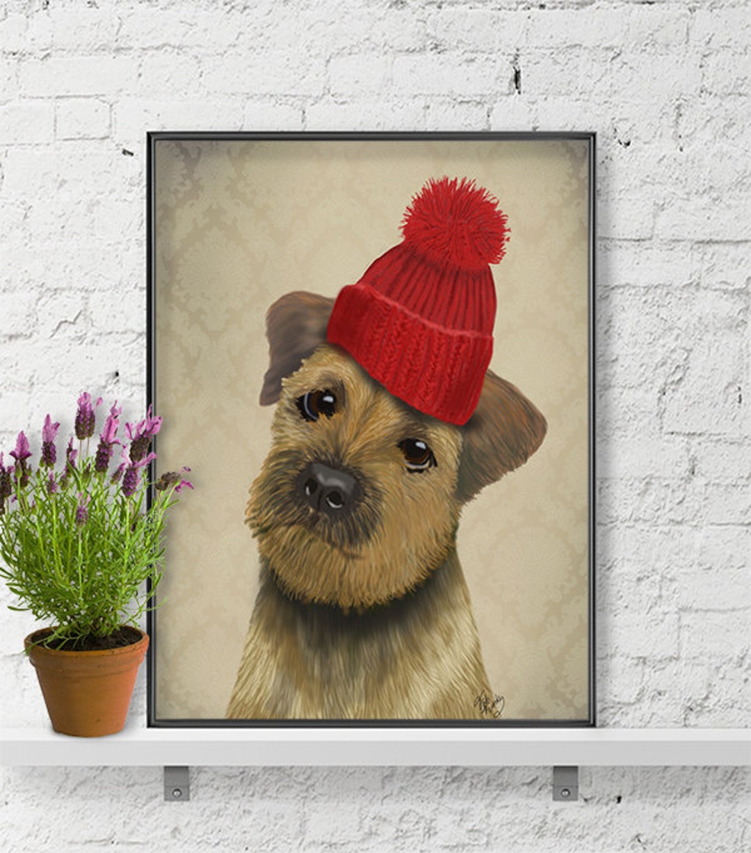 Border Terrier Print With Red Hat, Terrier Picture Wall Art Dog Print ...