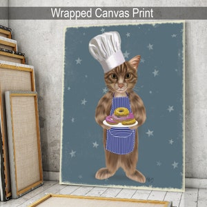 Cat Art Print, Cute Picture of a Tabby Cat Chef With a Plate of Donuts ...