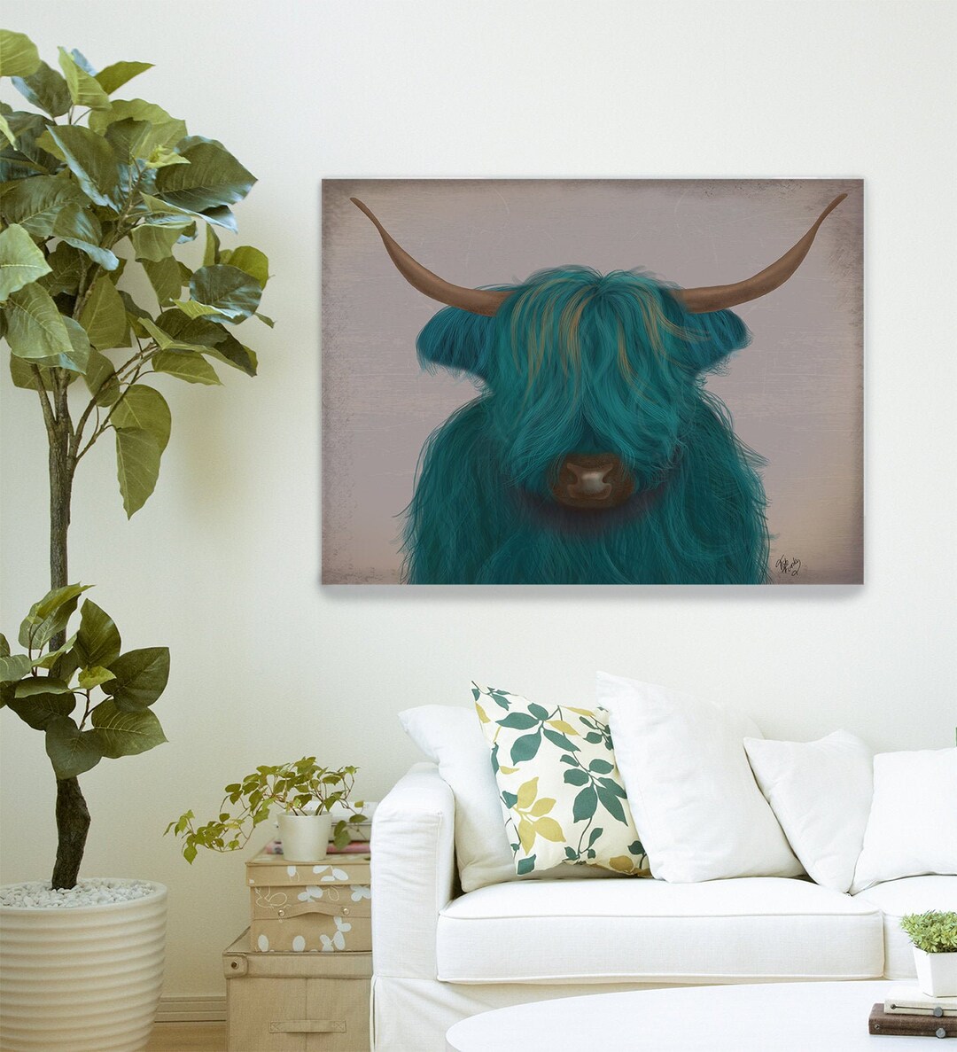 Family Room Wall - Highland Cow Turquoise Portrait - Colorful Art Print ...