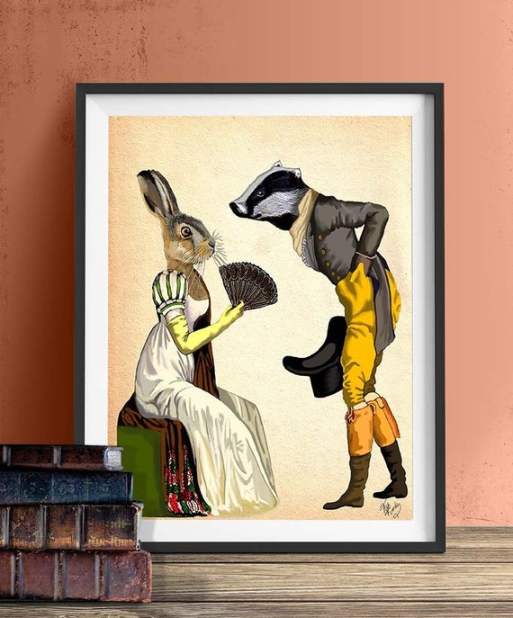 Regency Dress Art Print Badger and Rabbit Picture in Jane - Etsy