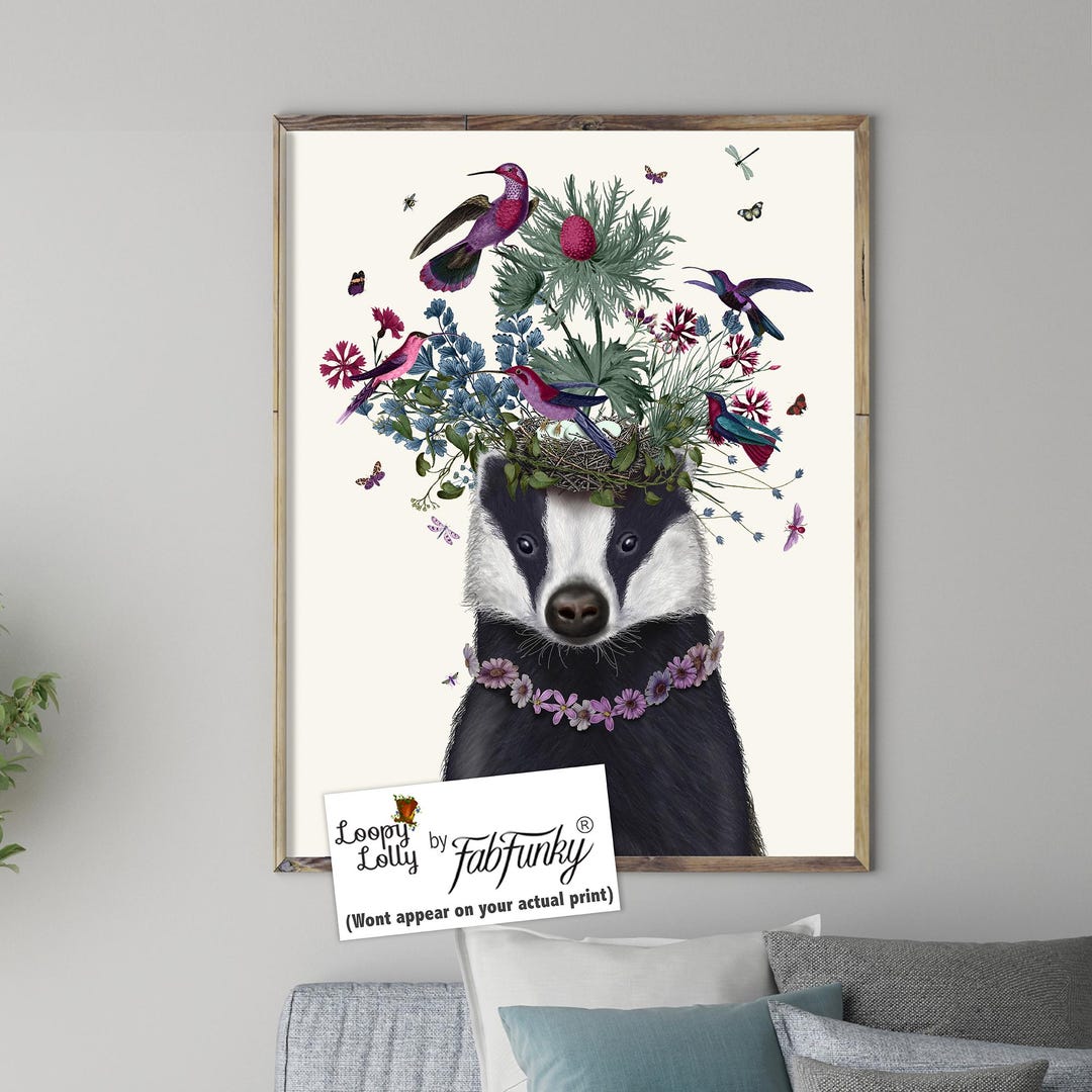 Badger Art Print, Cute Floral Badger Wall Art, Colorful Bright Bold ...