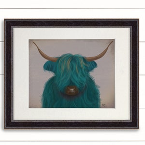 Family Room Wall - Highland Cow Turquoise Portrait - Colorful Art Print ...