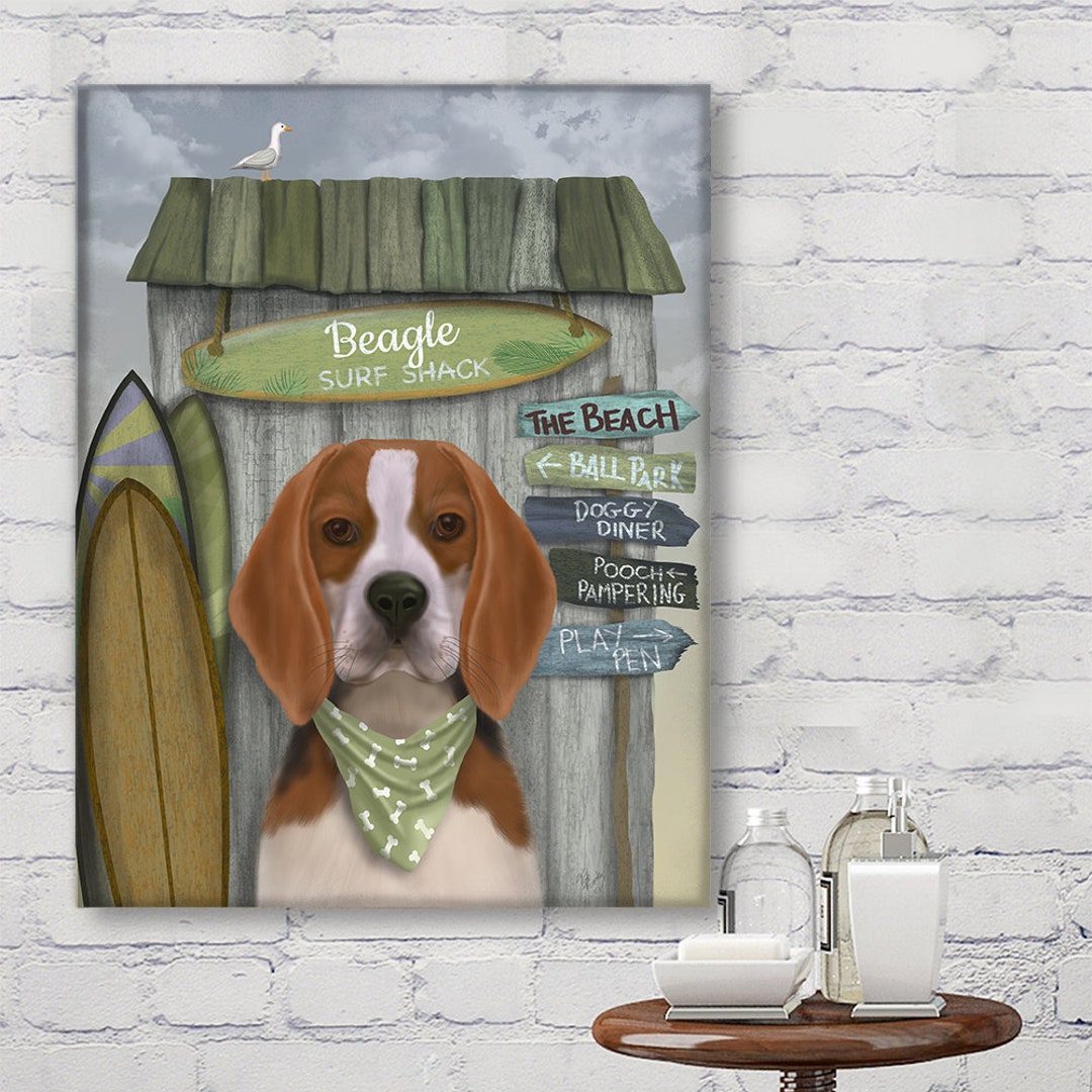 Beagle Surf Print Coastal Home Decor Funny Bathroom Print Large Beach ...