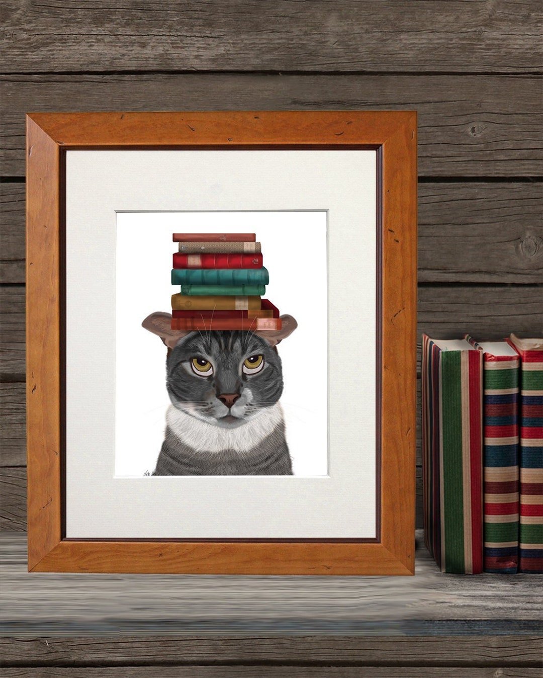 Grey Cat Books on Head - Grey Cat Painting Grey Cat Print Book Lover ...