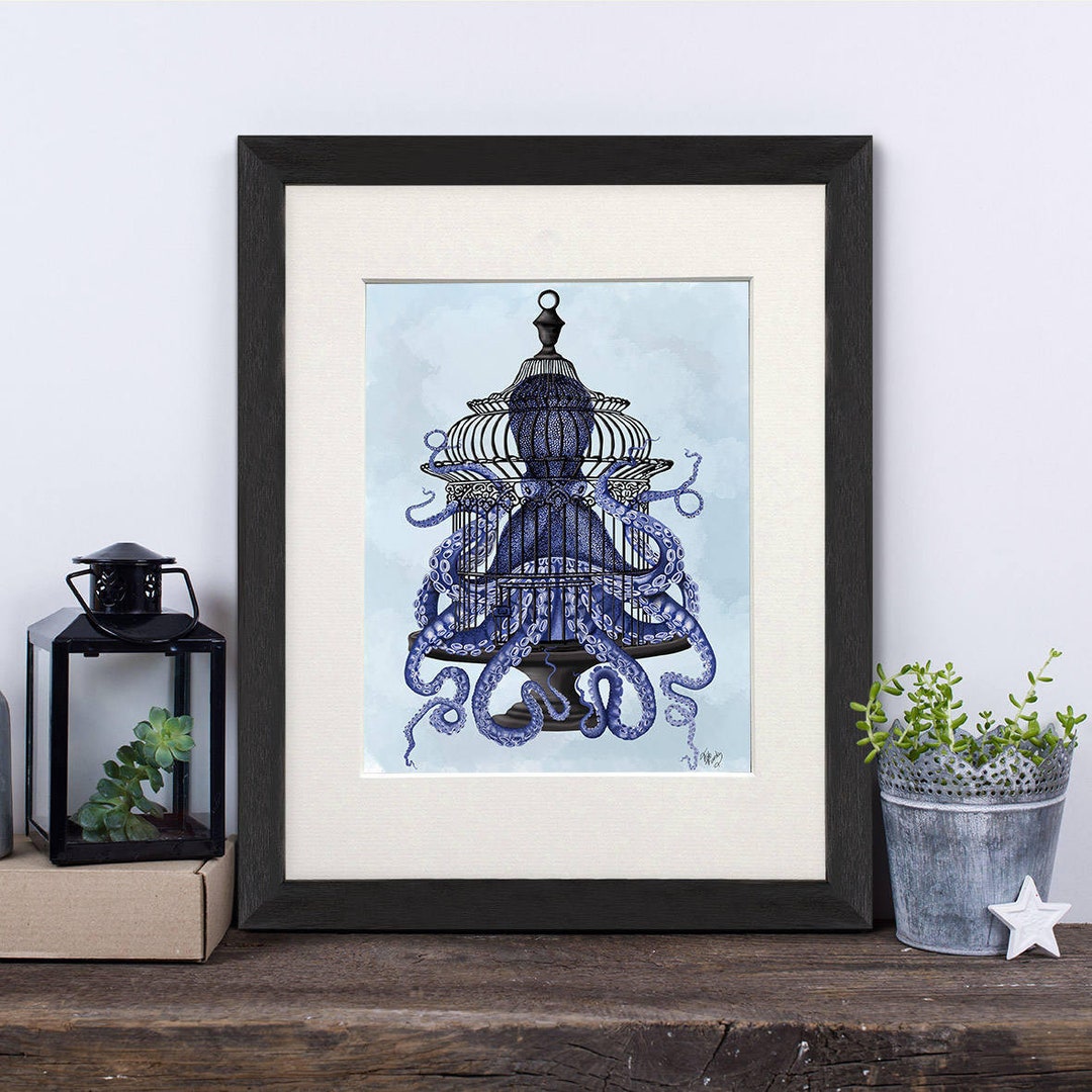 Octopus Tentacle - Octopus in Cage Blue - Kitchen Decor Kitchen Print ...