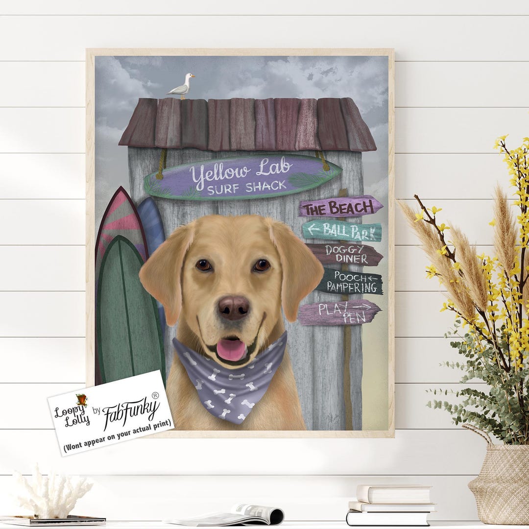 Yellow Labrador Retriever Art Print, Funny Surf Yellow Lab Wall Art ...