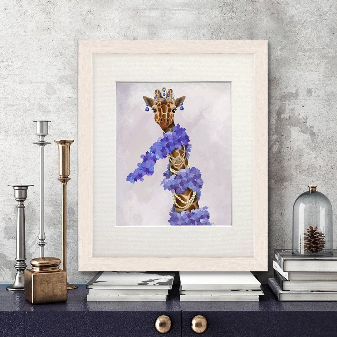 Fancy Giraffe Print, Cute Giraffe Dressed in Feather Scarf and ...
