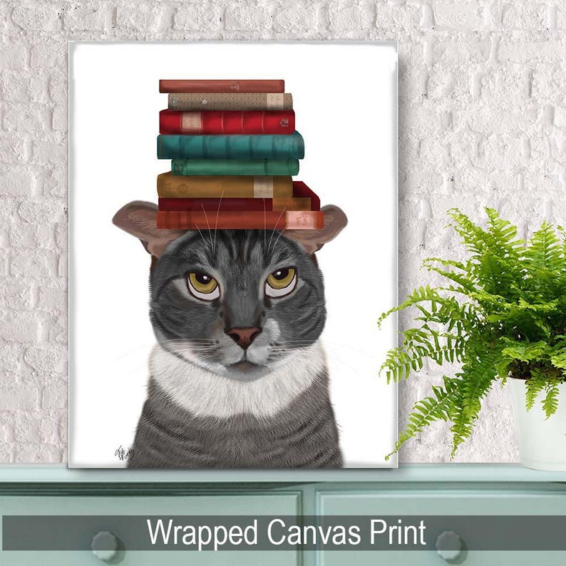 Grey Cat Books on Head Grey Cat Painting Grey Cat Print Book - Etsy