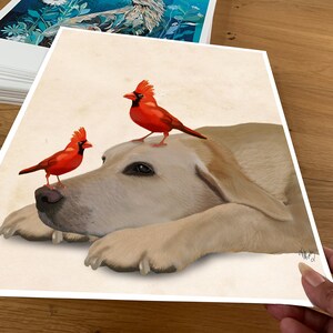 Labrador Retriever and Red Birds - Yellow Labrador Print Yellow ...