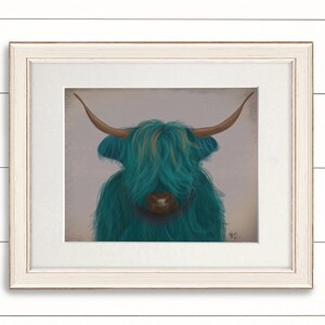 Family Room Wall - Highland Cow Turquoise Portrait - Colorful Art Print ...
