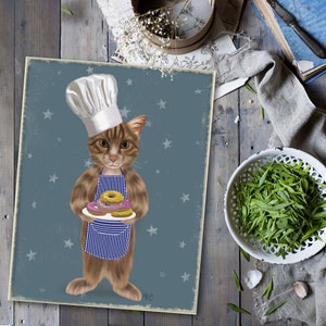 Cat Art Print, Cute Picture of a Tabby Cat Chef With a Plate of Donuts ...