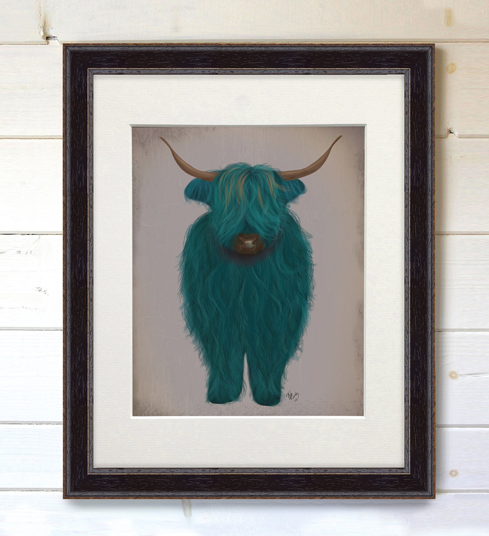 Rustic cow wall art Highland cow turquoise full print Yak | Etsy