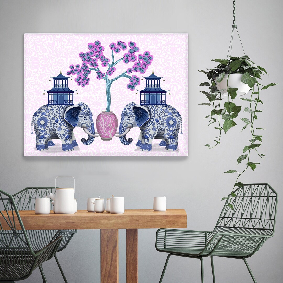 Chinoiserie Elephant Art, Two Blue and White Porcelain Elephants With ...
