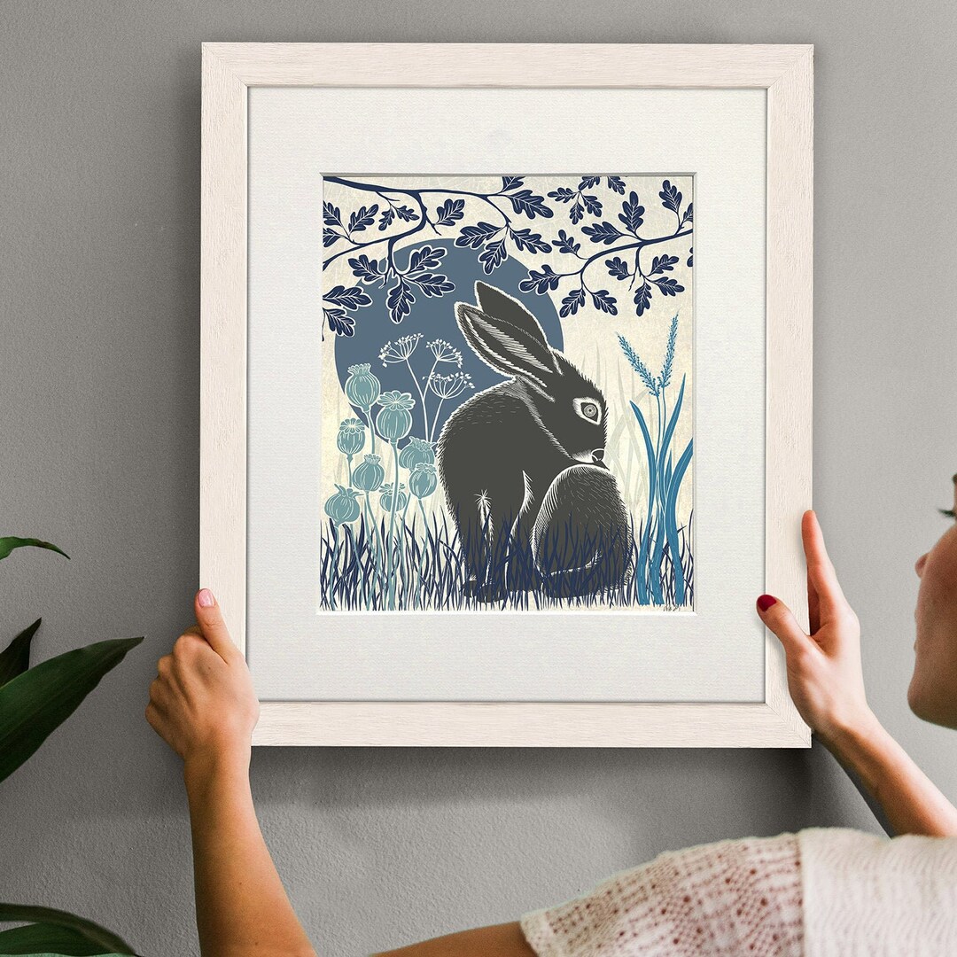Hare Poster Moon Art, Woodland Animal Print, Lino Cut Style, Blue ...
