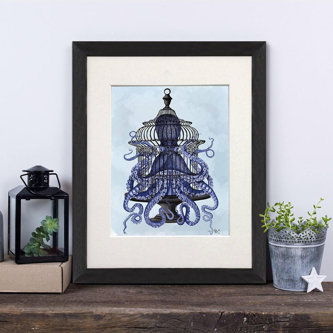 Blue Octopus in Cage Art Print: Rustic Kitchen Wall Decor - Etsy