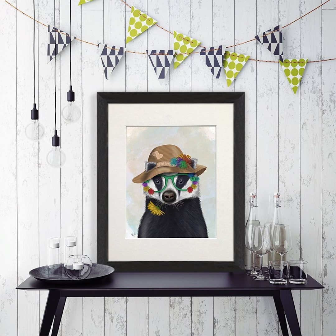 Cute badger print, Badger wearing hat and flower glasses, British ...