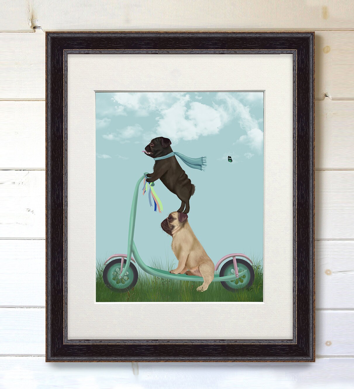 Pug art print Unique couple gift Pugs on scooter Kids room | Etsy