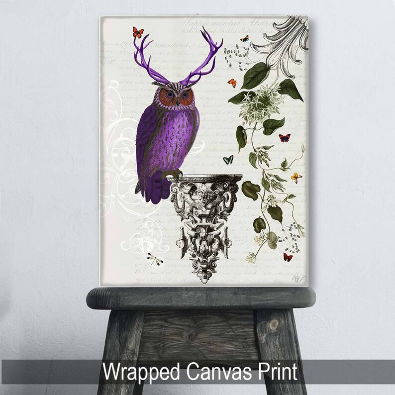 Purple Owl With Antlers Art Print Wall Decor Wall Art Wall | Etsy