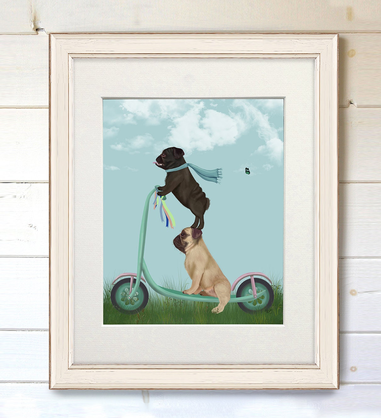 Pug art print Unique couple gift Pugs on scooter Kids room | Etsy