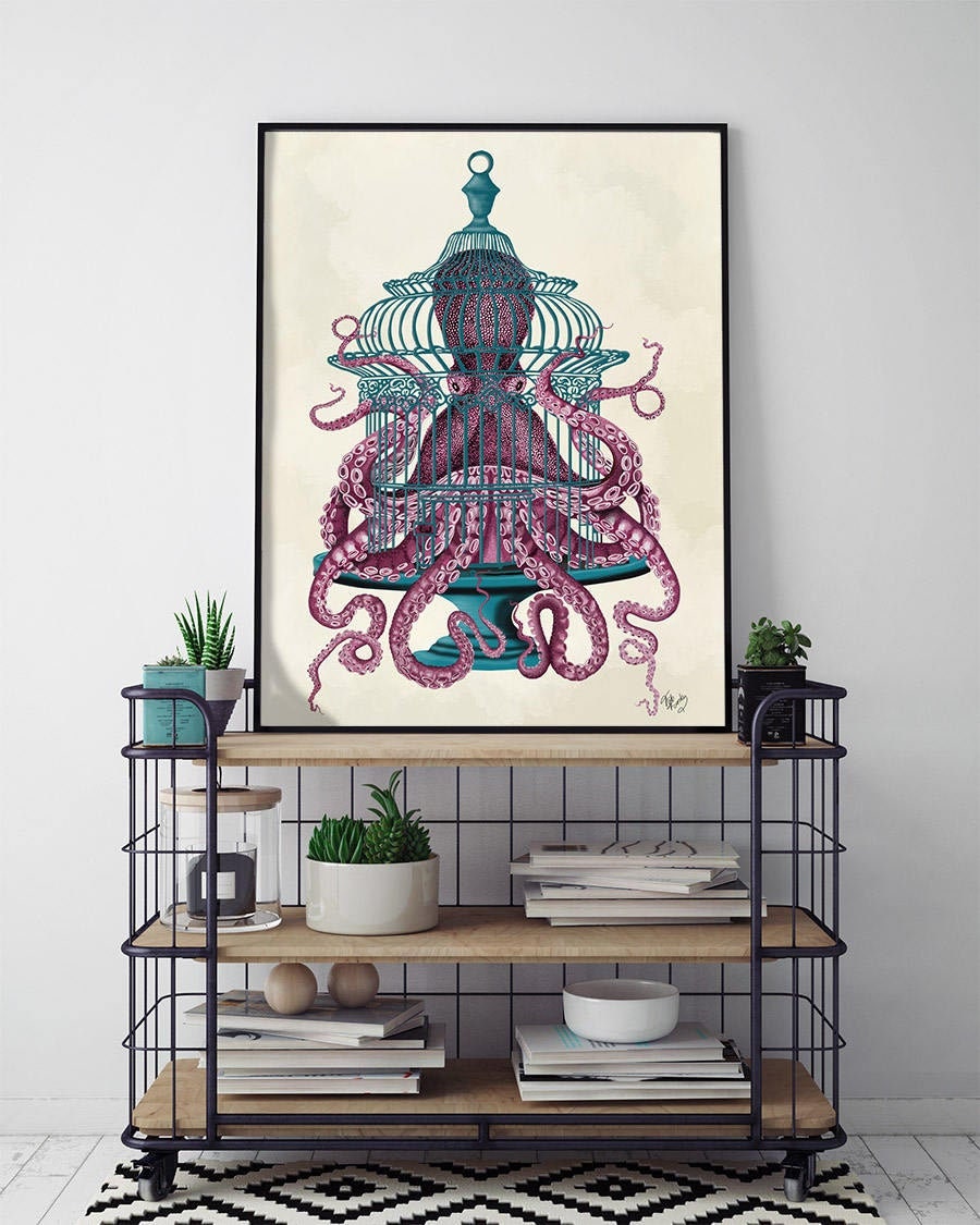 Squid Octopus in cage pink Octopus tentacle Octopus art | Etsy