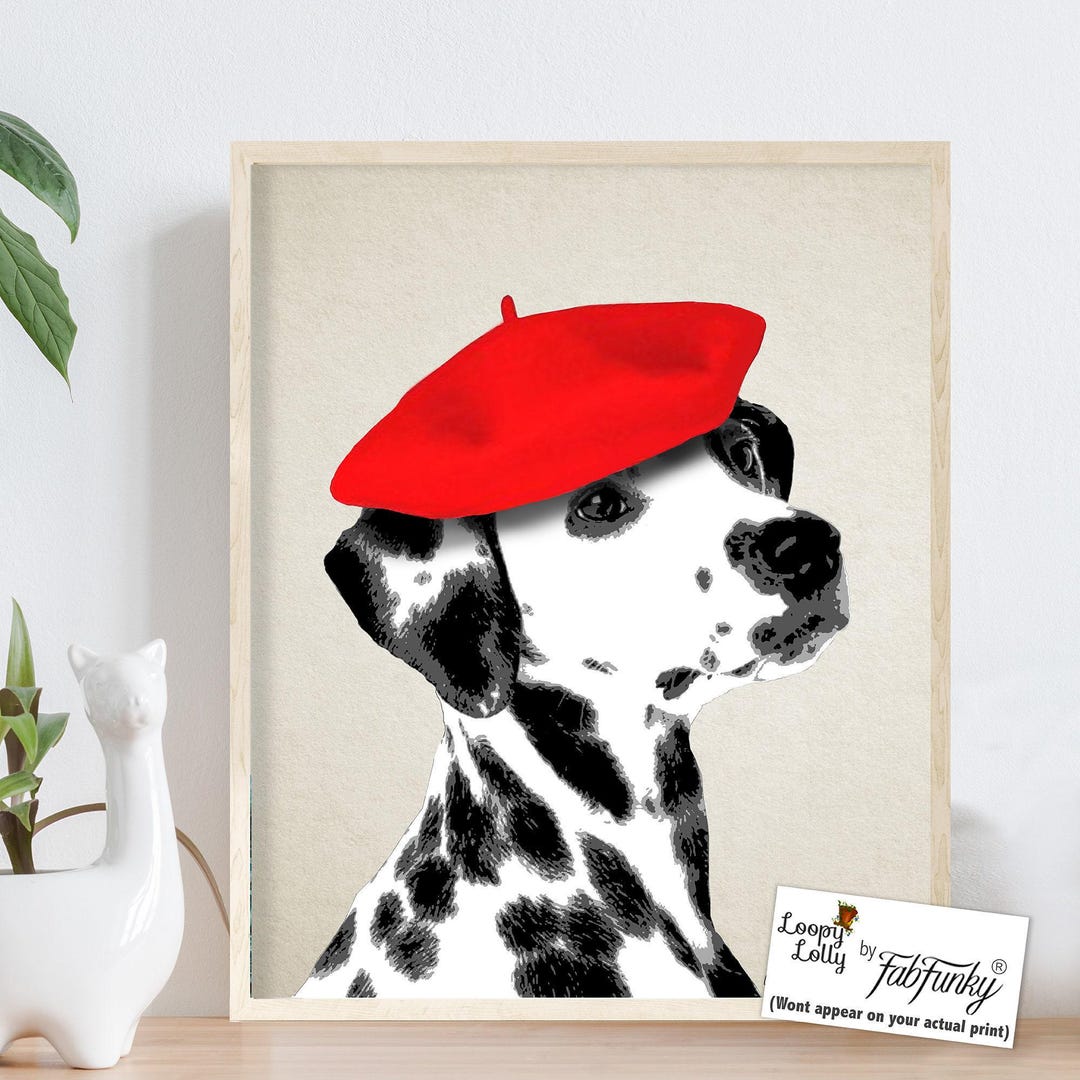 Dalmatian Art Print, Funny Spotty Dog Portrait in Red Beret, Cute Wall ...