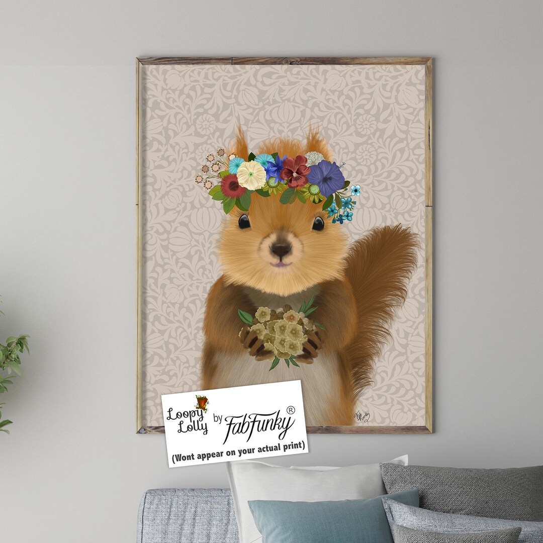 Cute Squirrel Art Print, Floral Squirrel Bohemian, Whimsical Woodland ...