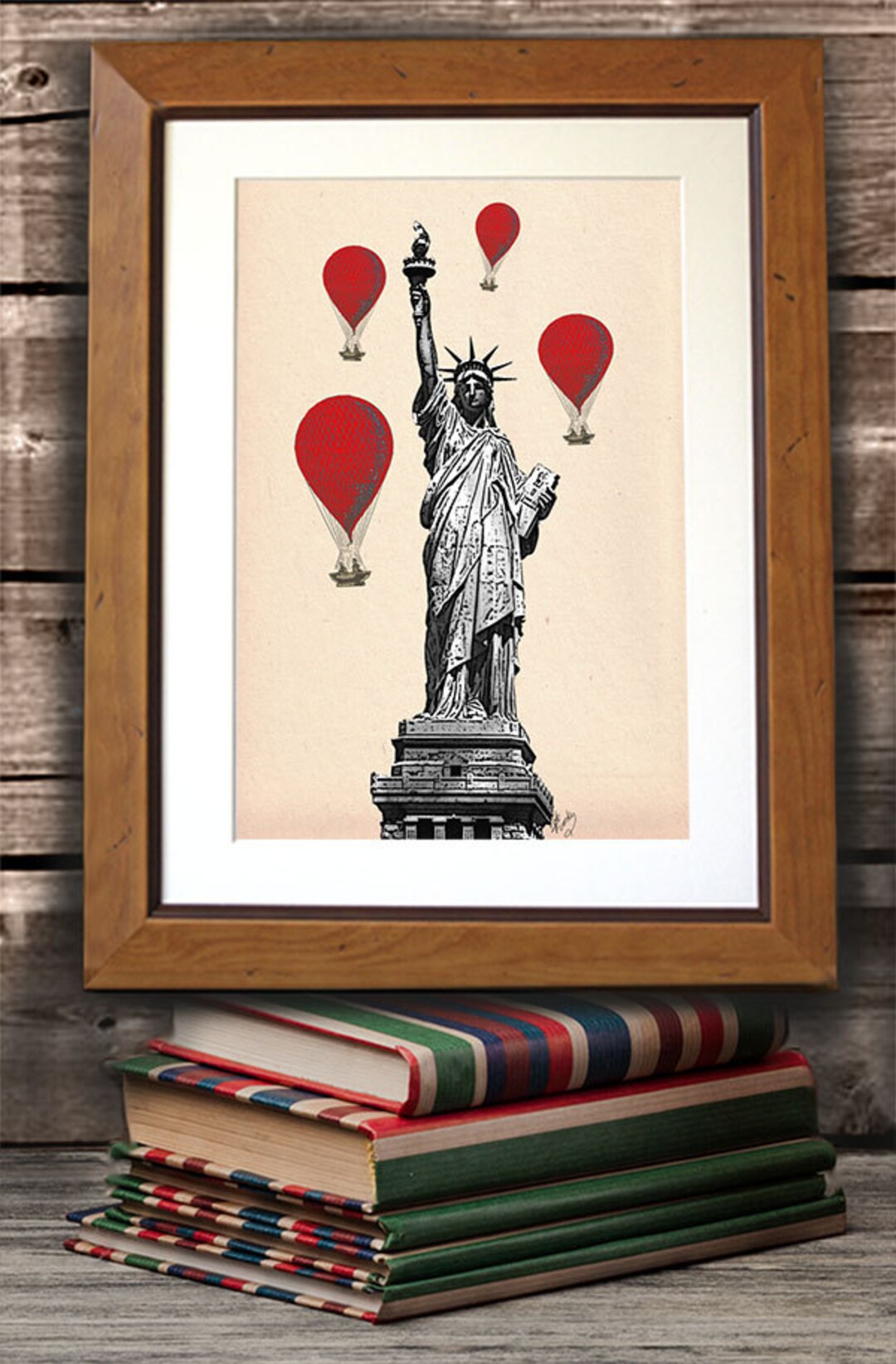Statue of Liberty Red Hot Air Balloons Art Print Digital Illustration ...