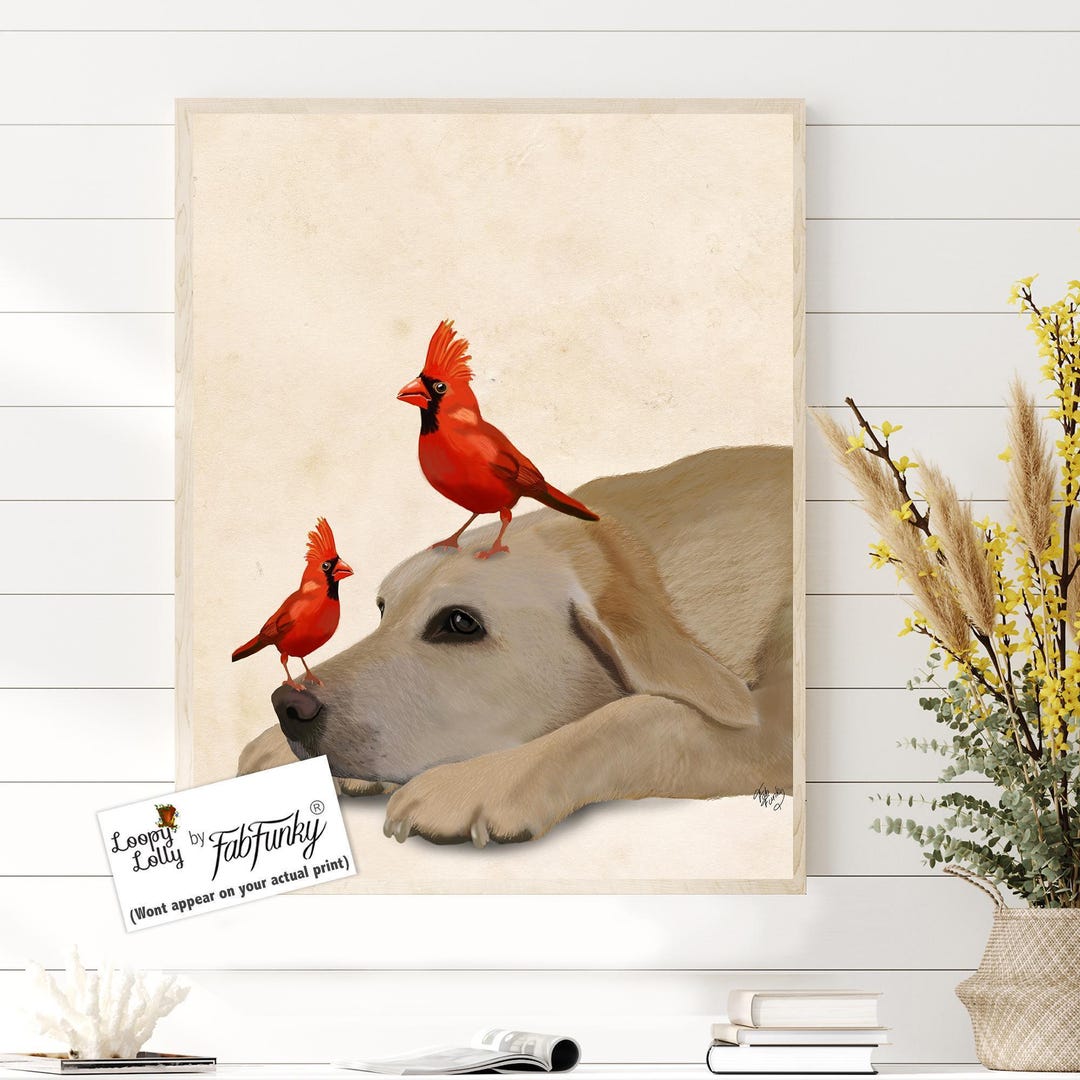 Yellow Labrador Retriever Art Print, Cute Yellow Lab Wall Art With Red ...