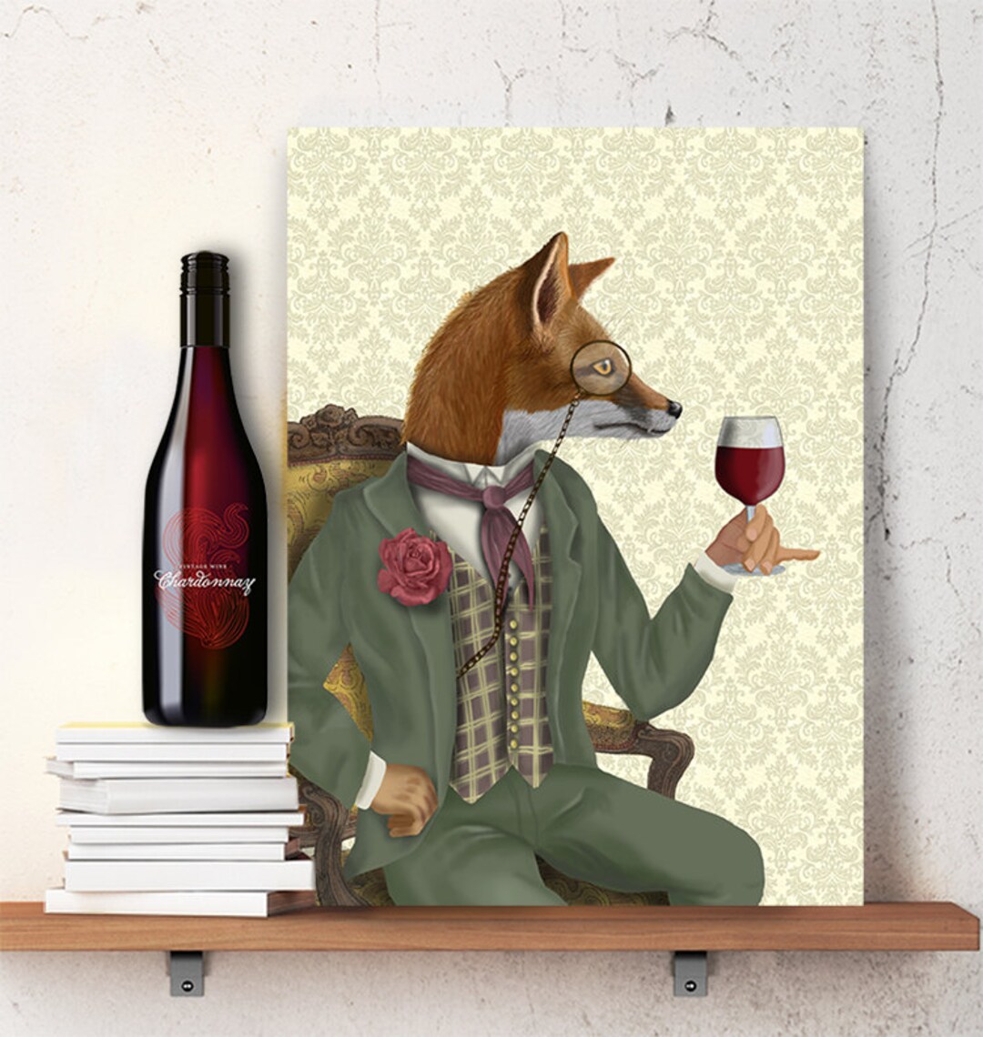 Gift for Wine Lover Fox Wine Tasting, Portrait Wine Gift Wine Decor ...
