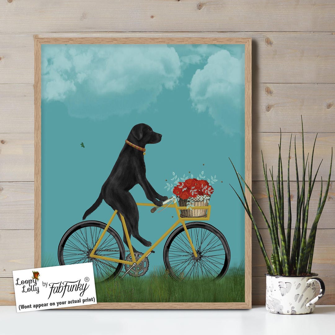 Black Labrador on Bicycle Art Print: Vintage Cycling Black Lab Dog ...