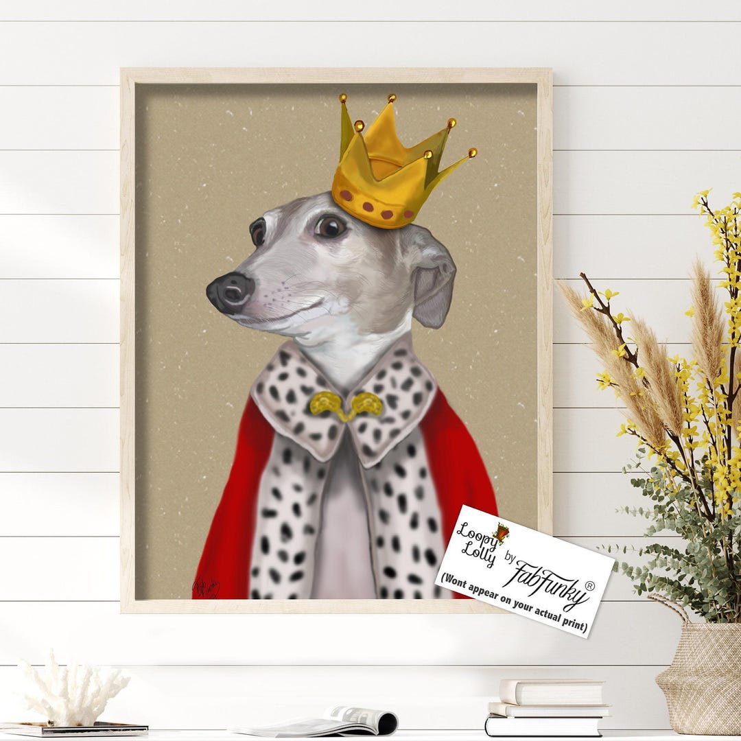 Greyhound Queen Art Print, Whimsical Dog Portrait in Crown, Funny ...