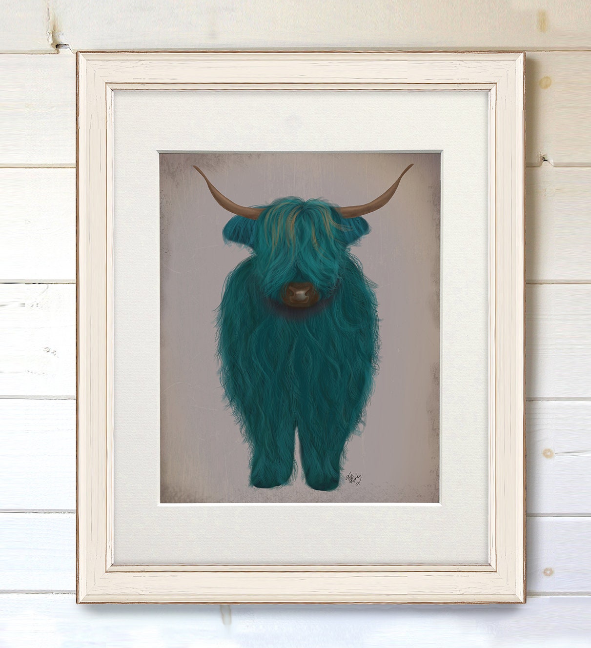 Rustic cow wall art Highland cow turquoise full print Yak | Etsy