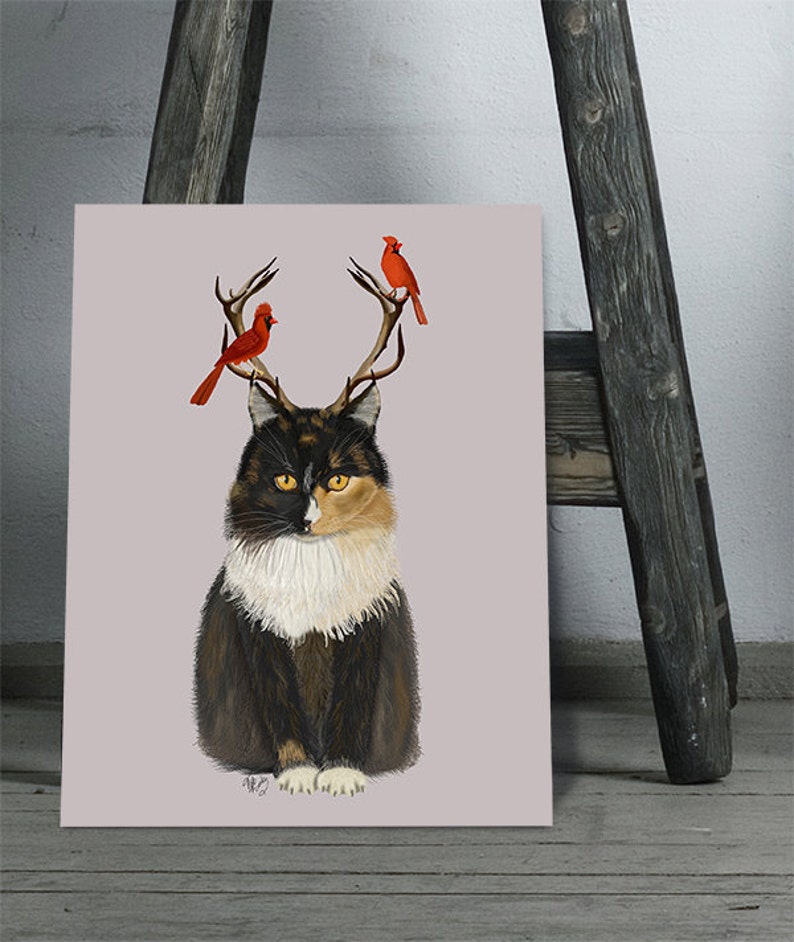 Cat Art Print Tortoiseshell Cat Antlers and Red Cardinals - Etsy