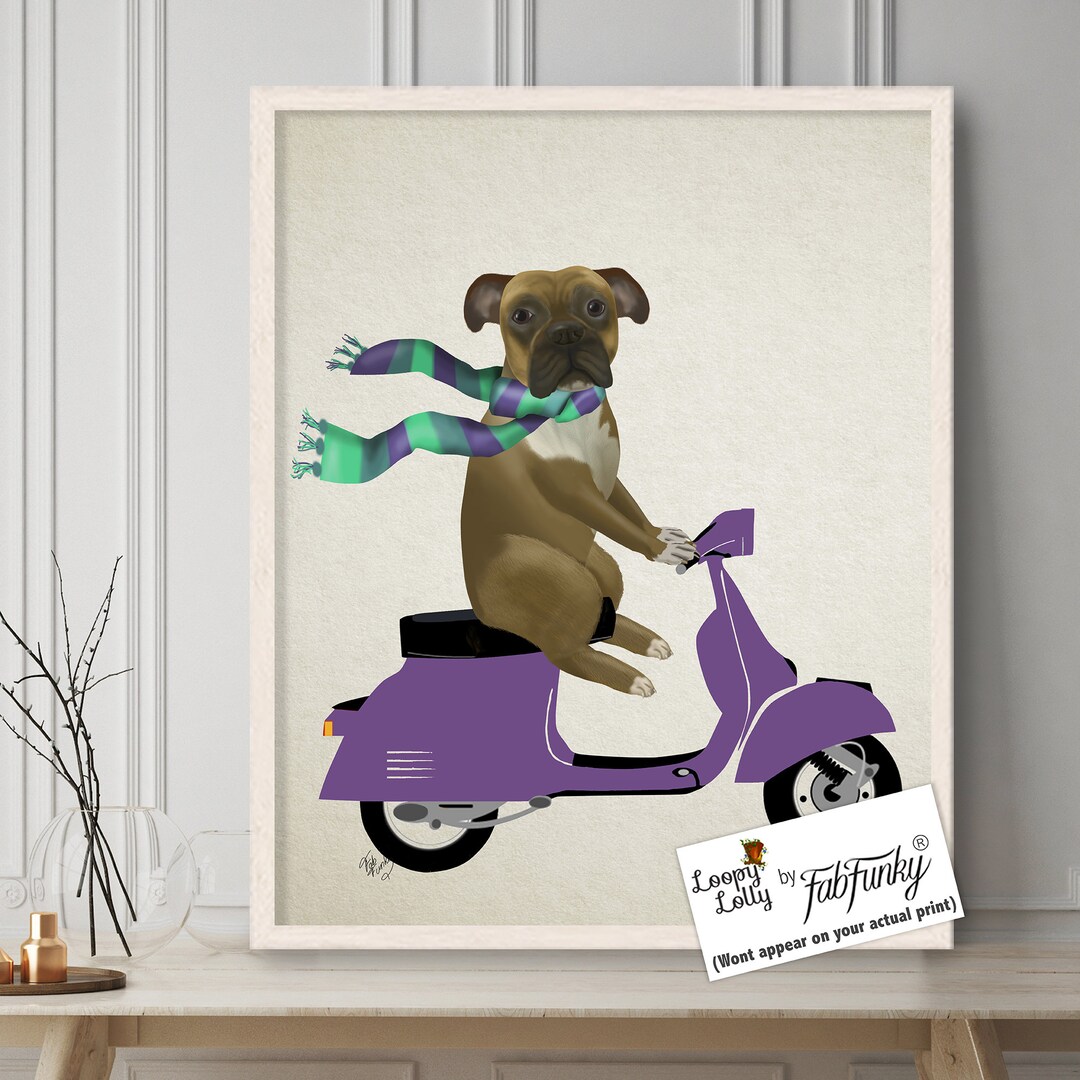 Boxer on Scooter Boxer Dog Print Boxer on Moped Boxer Dog Painting Art ...