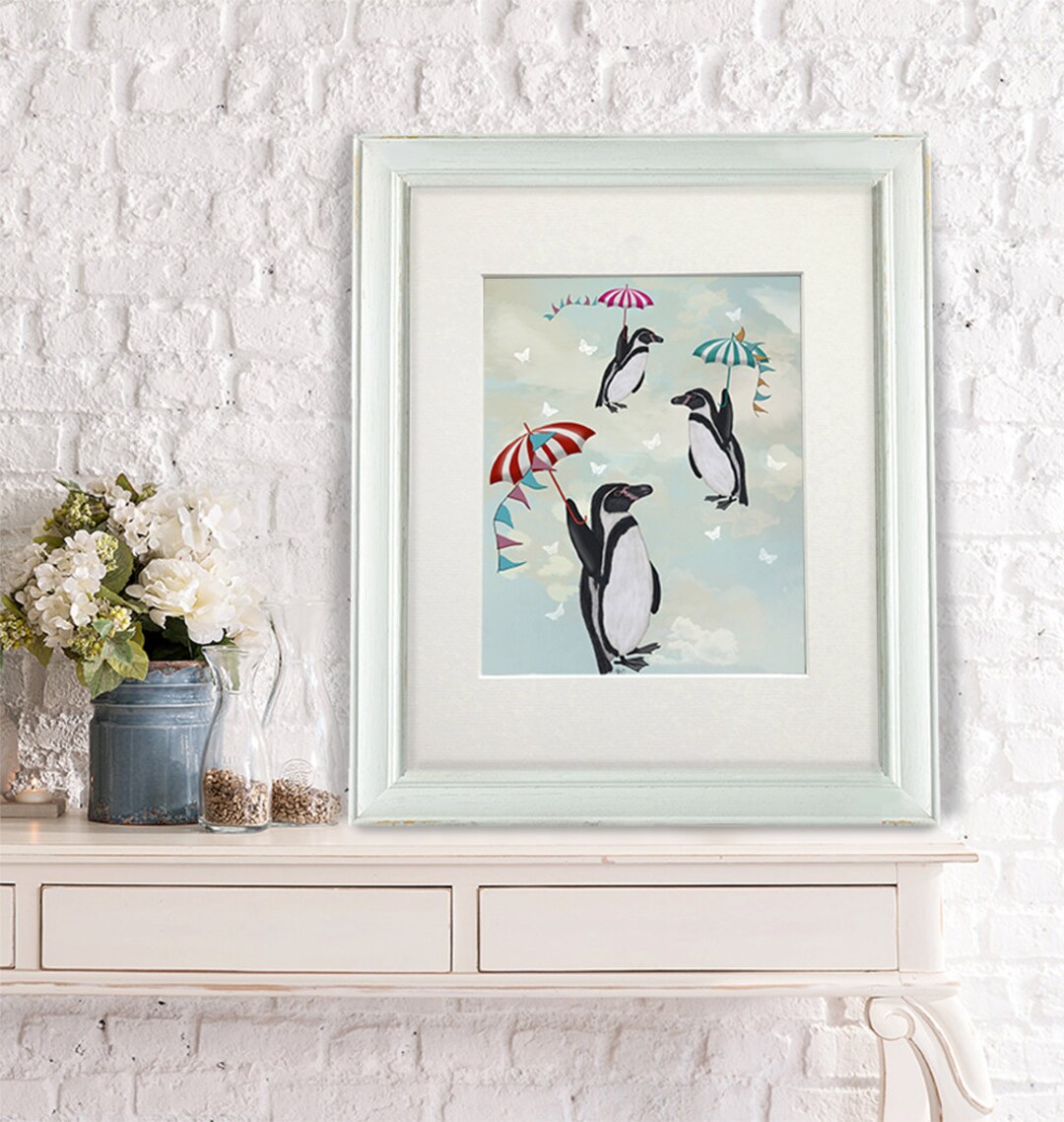 Nursery Art for Kids Room Decor Floating Penguins Umbrellas Penguin ...