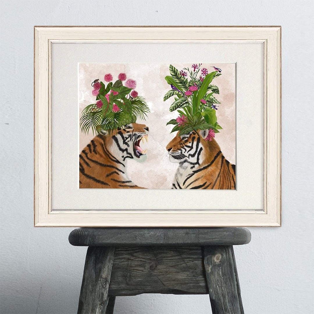 Tiger Decor Tiger Pair Pink Green Hothouse Tropical Wall - Etsy