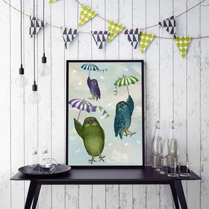 Owl Poster Owls With Umbrellas Owl Wall Art Owl Illustration Owl Gifts ...
