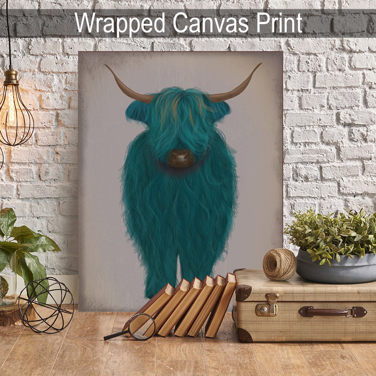 Rustic cow wall art Highland cow turquoise full print Yak | Etsy