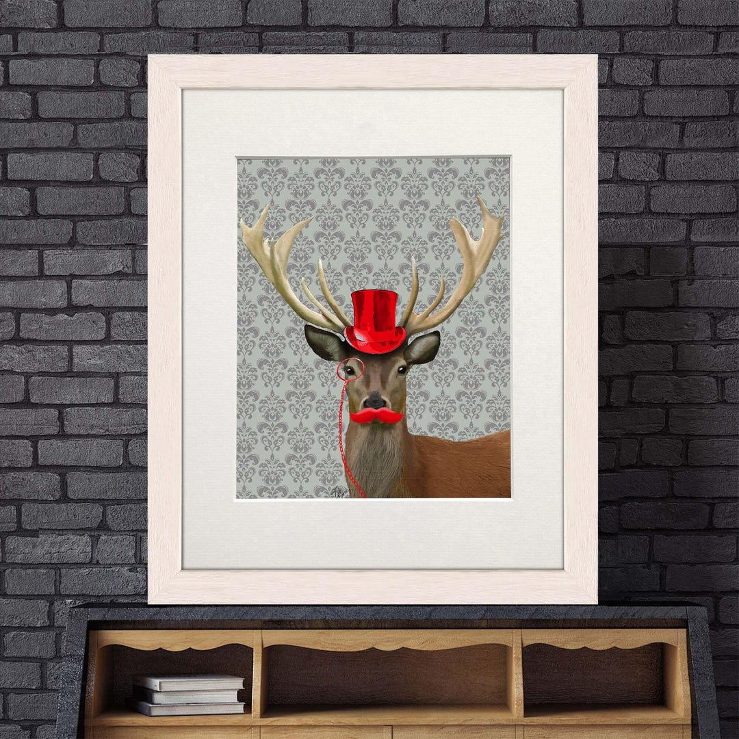Deer Art Print, Deer in Red Top Hat Moustache & Monocle, Funny Animal ...