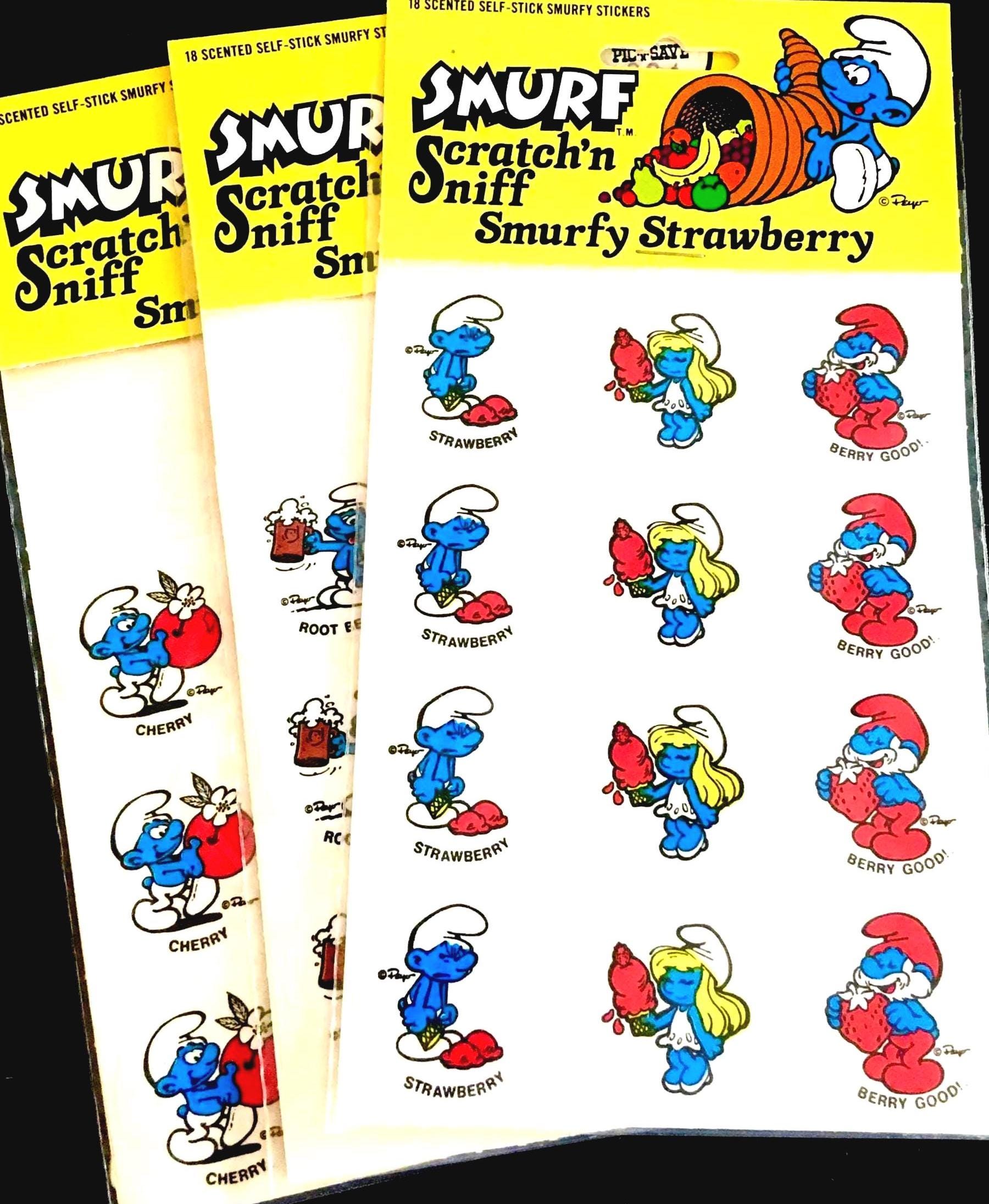Smurf Scratch N Sniff Stickers 80s Vintage Smurfy Strawberry, Cherry ...