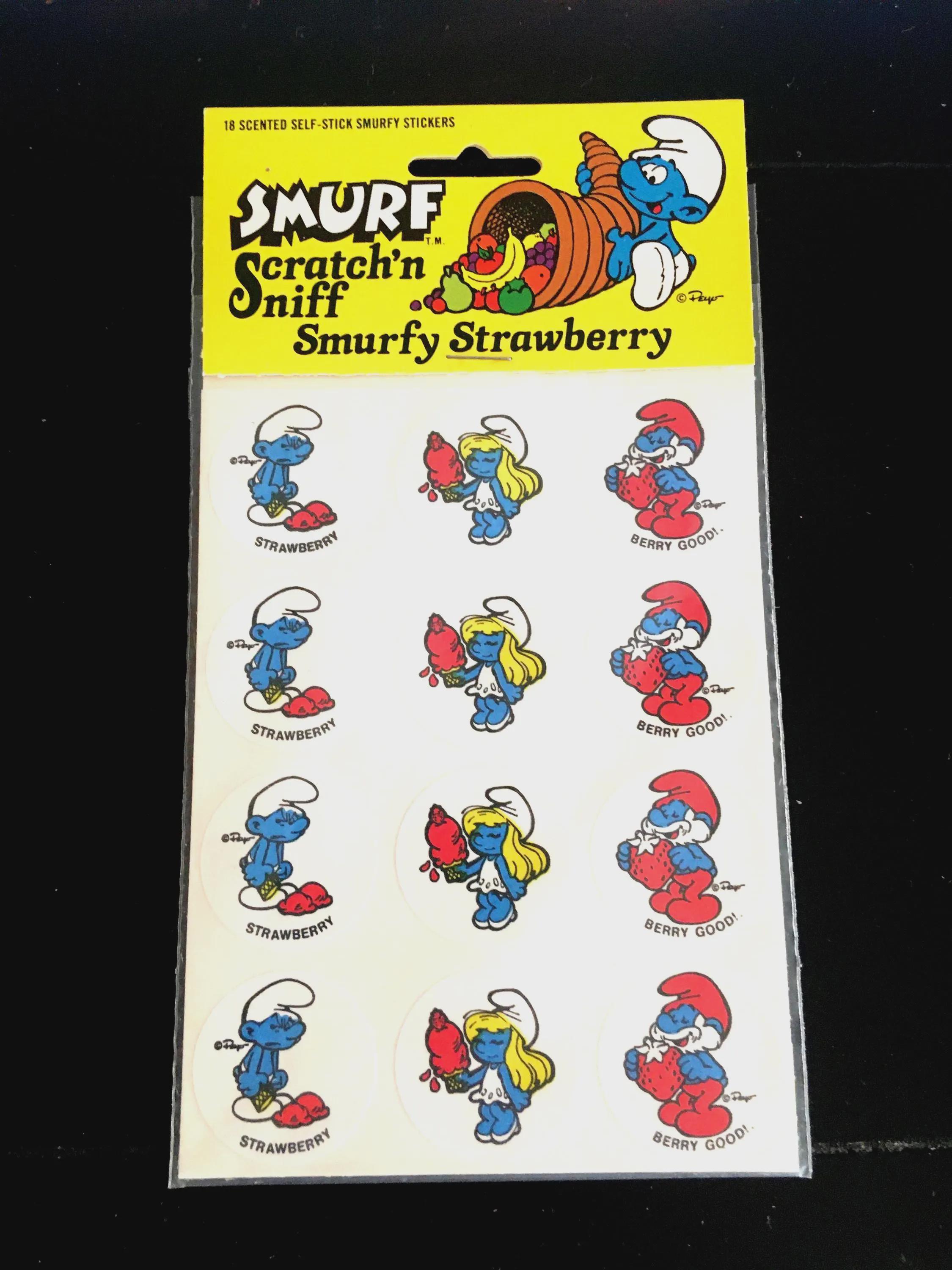 Smurf Scratch N Sniff Stickers 80s Vintage Smurfy Strawberry Cherry