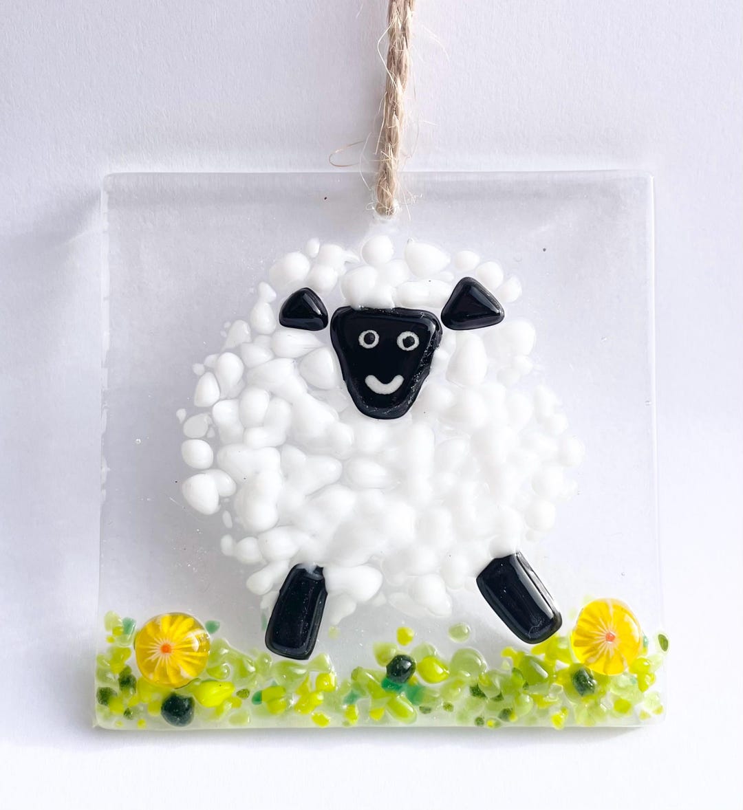 Fused Glass Sheep and Yellow Flowers Suncatcher Spring Lamb Easter ...