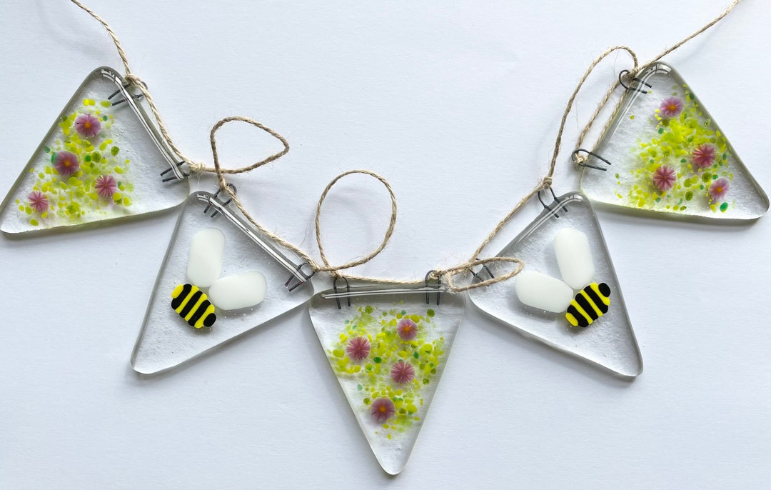 Fused Glass Bunting Bumblebees and Pink Purple Flowers Decoration Bee ...
