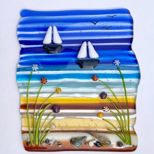 Fused Glass Beach Picture Sea Sand Shells Pebbles and Sailing Boats ...