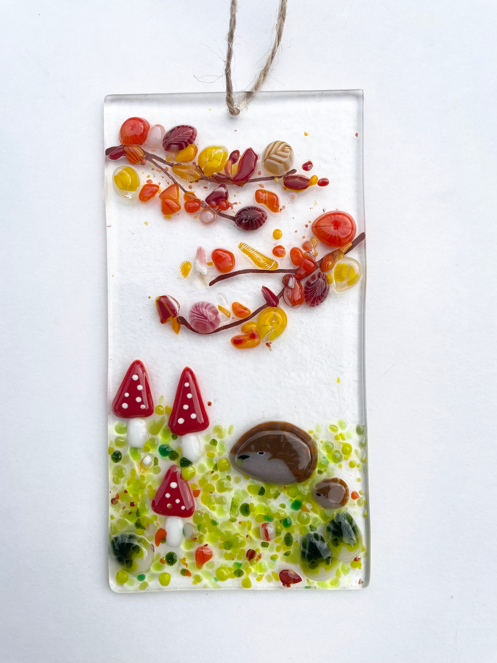 Fused Glass Hedgehog Toadstools and Autumn Leaves Sun Light Catcher ...