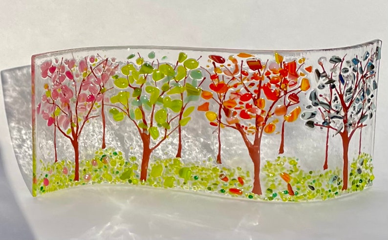 Fused Glass Four Seasons Trees Sun Light Catcher Freestanding Picture ...