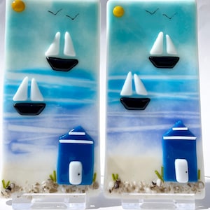 Fused Glass Beach Picture Panel Sun Light Catcher Beach Hut Sailing ...
