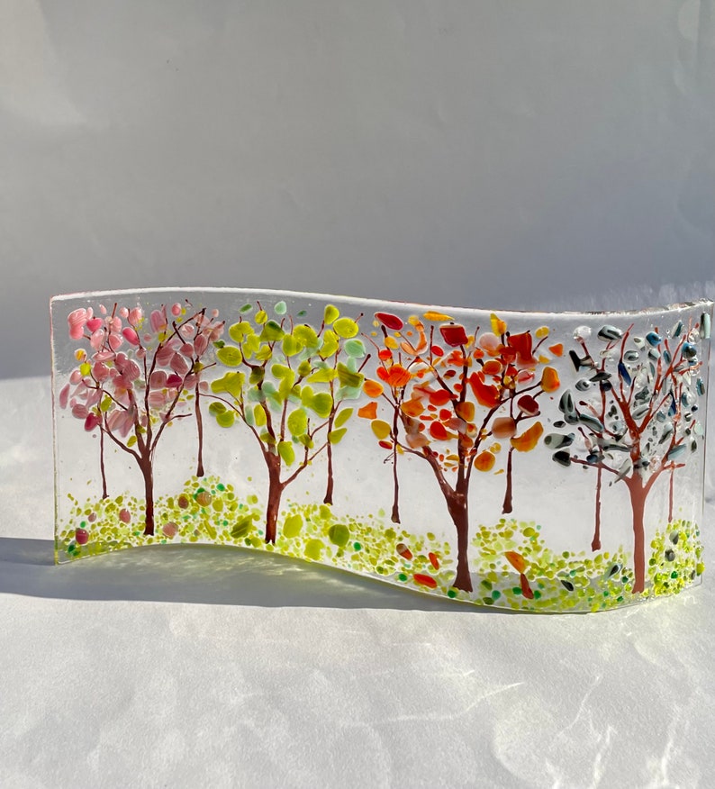 Fused Glass Four Seasons Trees Sun Light Catcher Freestanding Picture ...