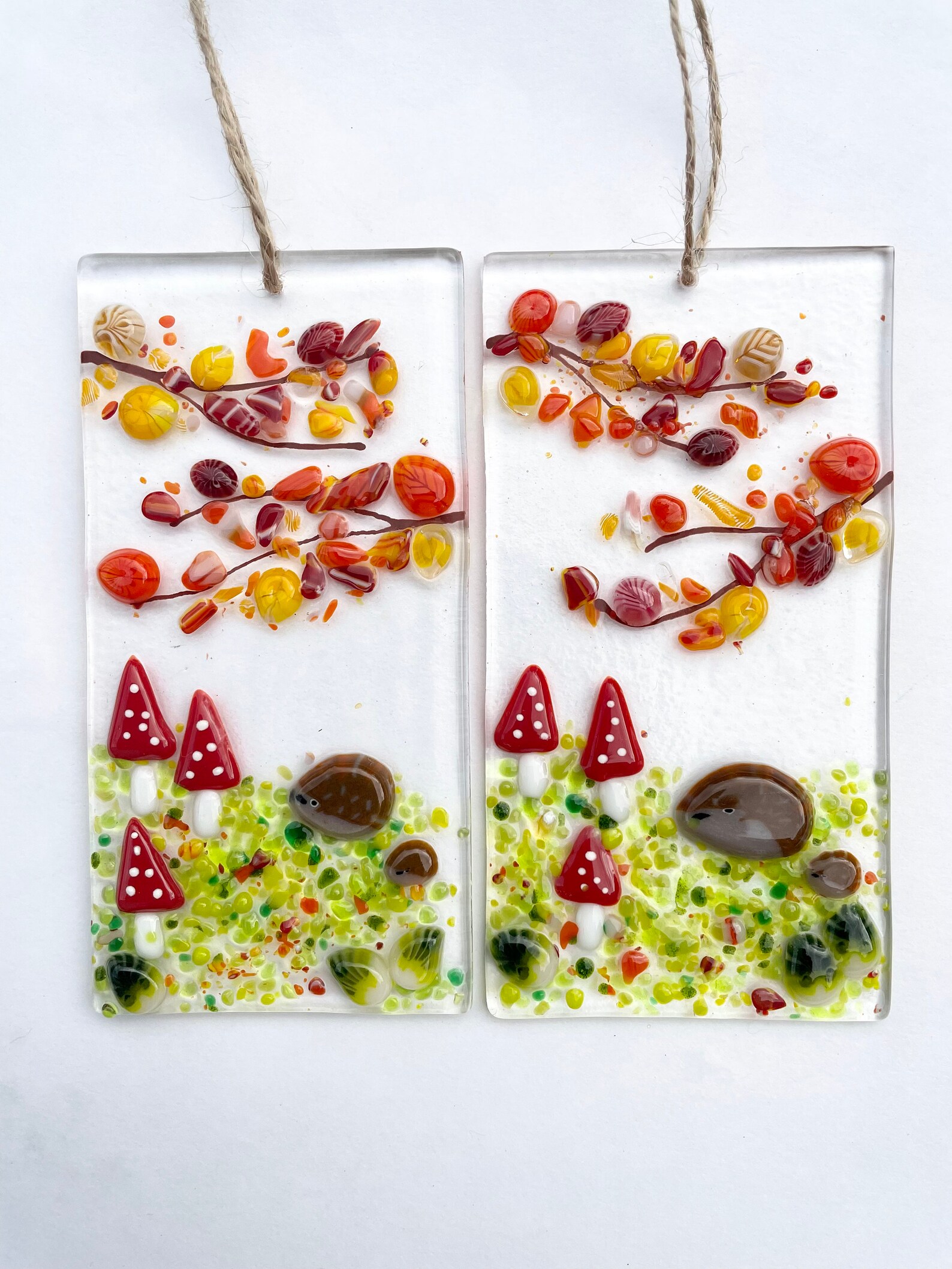 Fused Glass Hedgehog Toadstools and Autumn Leaves Sun Light Catcher ...