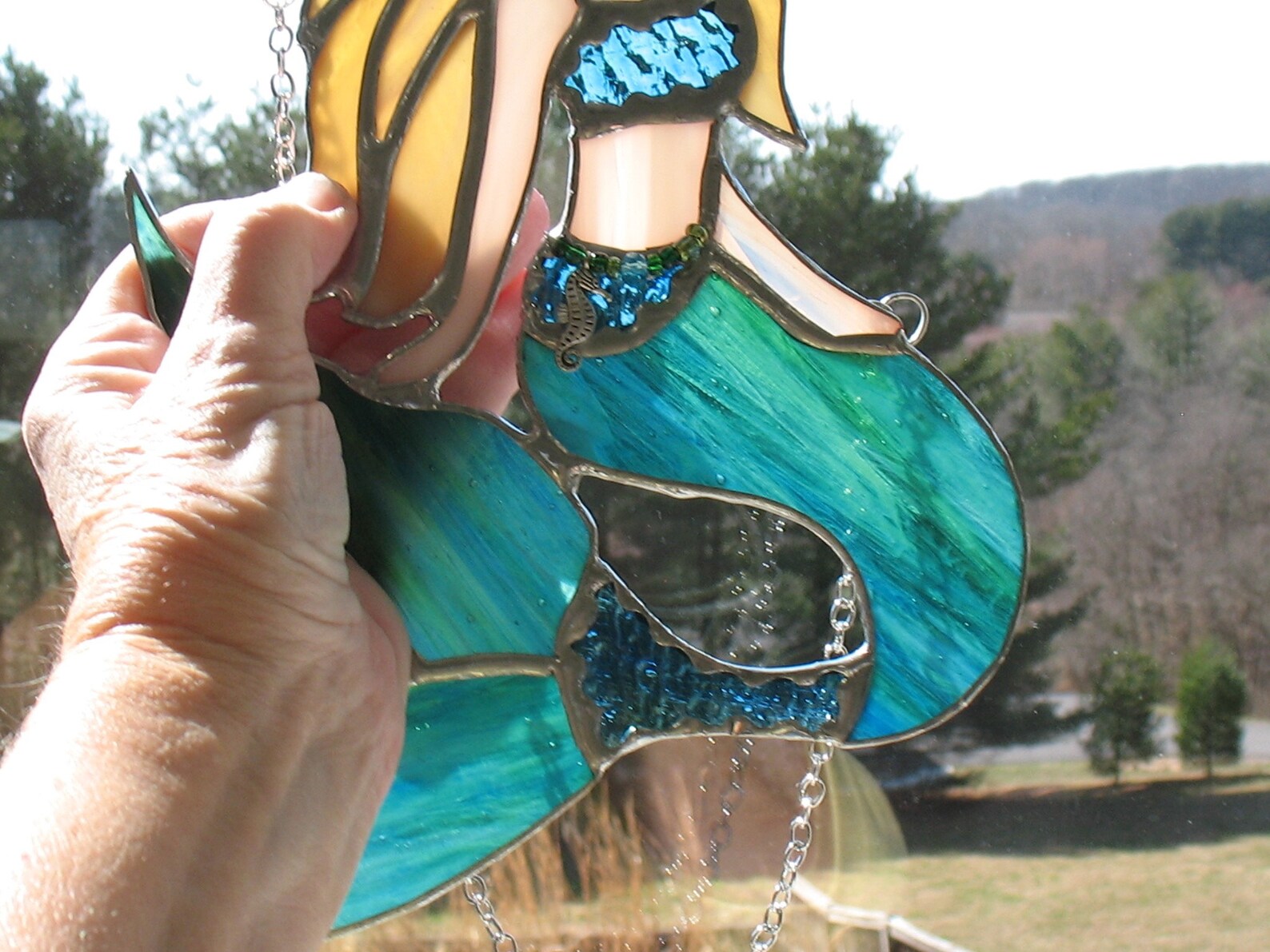 Mermaid Panel in Blue and Green Stained Glass Suncatcher - Etsy